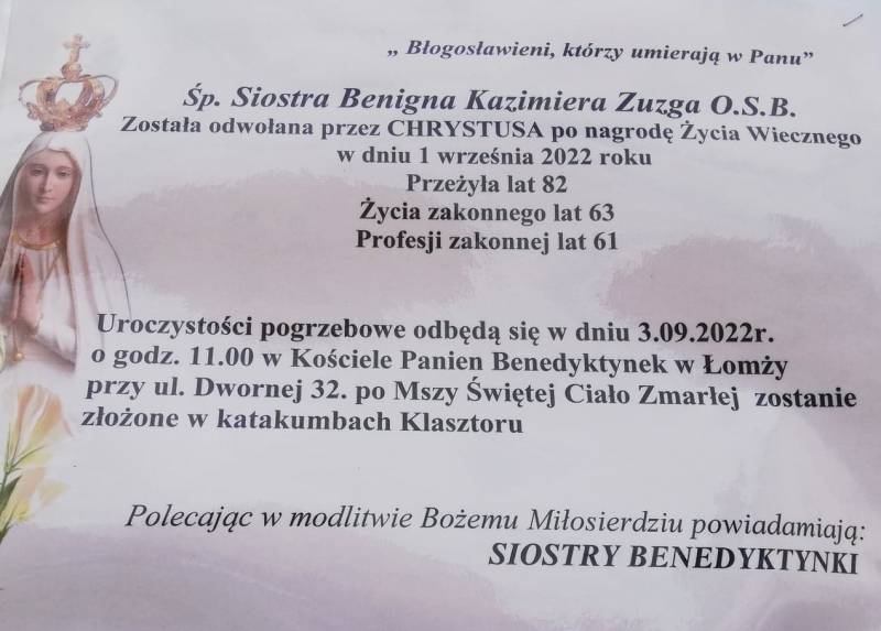 ŚP Kazimiera Zuzga - nekrolog